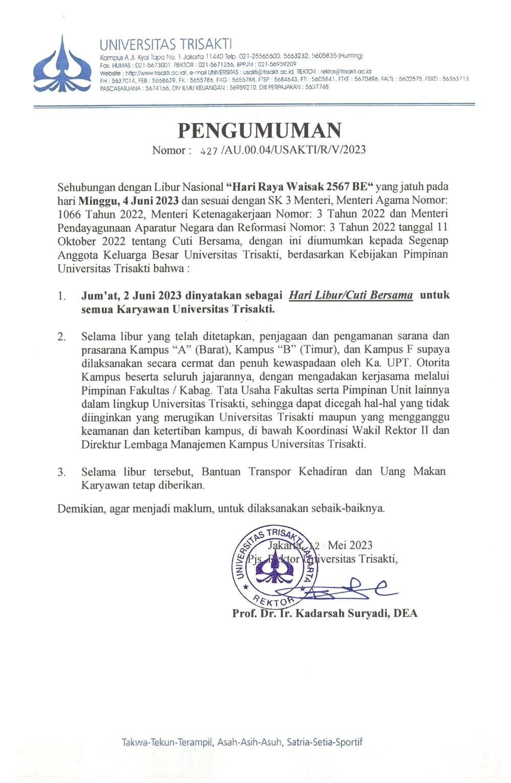 Pengumuman Rektor Universitas Trisakti - Prodi S1 Ekonomi Pembangunan Pengumuman Rektor Universitas Trisakti - Prodi S1 Ekonomi Pembangunan